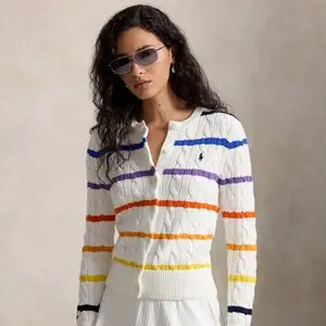 Ralph Lauren Us Open Striped Cable Cotton Cardigan - White Multi