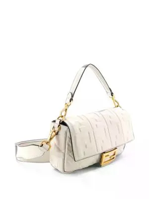 Fendi Baguette Nm Bag Zucca Embossed Leather Medium Crossbody Bag - White