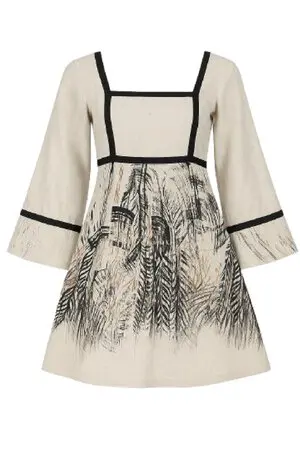 CONQUISTA Square Neck Flared Sleeve Printed Linen Dress