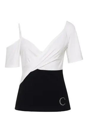 CONQUISTA Asymmetrical Wrap Top With Contrast Panel And Sparkling Logo Detail