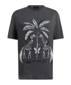 Etro Cotton Jersey T-shirt With Placed Giraffe Print - Grey