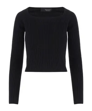 Gucci Ribbed Wool Cashmere Boat Neck Top - Black