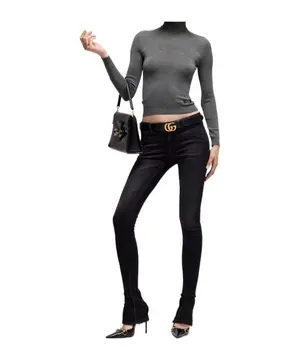 Gucci Fine Rib Knit Wool Top With Horsebit Detail - Grey