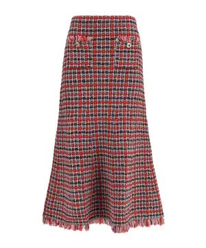 SELF-PORTRAIT Frayed Knit Midi Skirt - Red