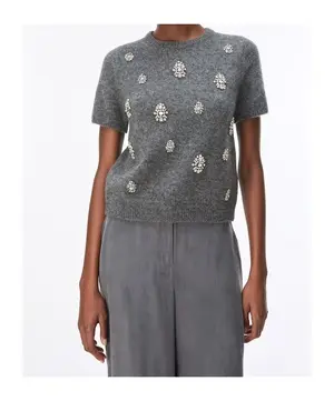 IBLUES Embroidered Wool & Alpaca Blend Short Sleeve Sweater