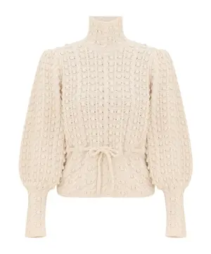 Zimmermann Textured High Neck Long Sleeve Sweater With Detachable Belt - Cream