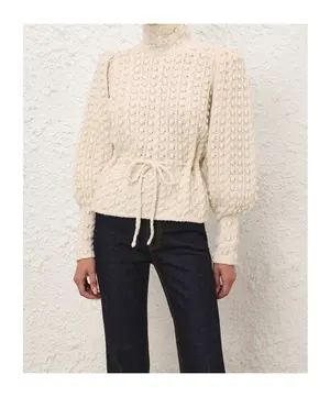 Zimmermann Textured High Neck Long Sleeve Sweater With Detachable Belt - Cream
