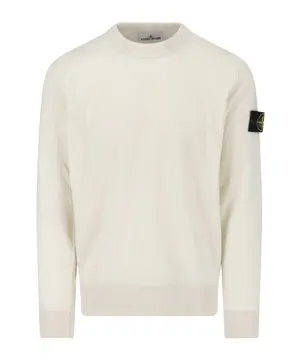 Stone Island Ribbed Crew Neck Sweater With Compass Logo Patch - White