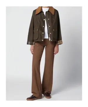 Barbour Waxed Cotton Jacket With Corduroy Collar And Tartan Lined Cuffs - Beech Color