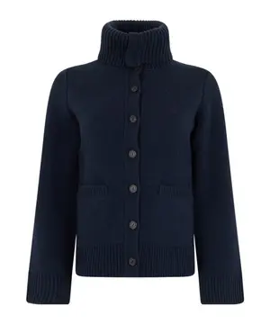 Vince Ribbed High Collar Cardigan - Dark Blue
