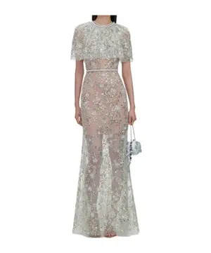 SELF-PORTRAIT Sequin Embellished Cape Sleeve Maxi Dress