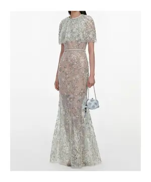 SELF-PORTRAIT Sequin Embellished Cape Sleeve Maxi Dress