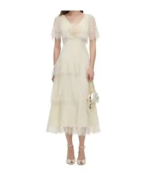 SELF-PORTRAIT Chiffon Tiered Midi Dress With Floral Rosette Brooch