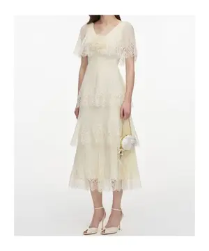 SELF-PORTRAIT Chiffon Tiered Midi Dress With Floral Rosette Brooch