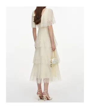 SELF-PORTRAIT Chiffon Tiered Midi Dress With Floral Rosette Brooch