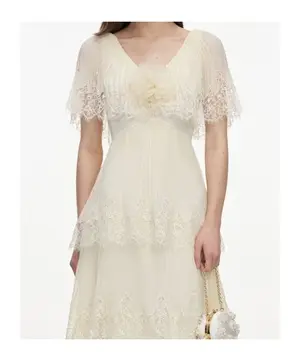 SELF-PORTRAIT Chiffon Tiered Midi Dress With Floral Rosette Brooch