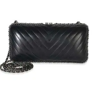 Chanel Chevron Lambskin Chain Around Box Clutch - Black