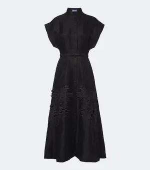 LEO LIN Aubrey Floral-appliqué Linen-blend Midi Dress