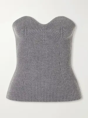 JIL SANDER JIL SANDER Strapless Ribbed Wool-Blend Bustier Top Gray