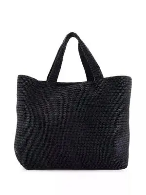 Saint Laurent Logo Embroidered Raffia Tote Bag - Black