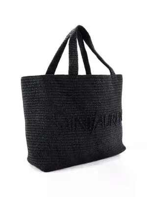 Saint Laurent Logo Embroidered Raffia Tote Bag - Black