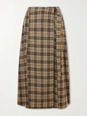 Brunello Cucinelli Checked Wool-blend Wrap Midi Skirt - Brown