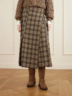 Brunello Cucinelli Checked Wool-blend Wrap Midi Skirt