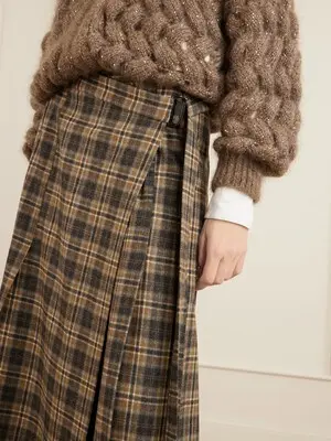 Brunello Cucinelli Checked Wool-blend Wrap Midi Skirt
