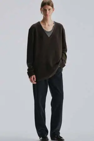 THE ROW Long Sleeve Cashmere V-neck Sweater - Brown Melange