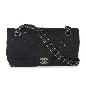CHANEL Vintage Black Tweed Sequin Embroidered Medium Shoulder Flap Bag