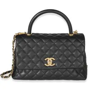 CHANEL Black Quilted Caviar Medium Coco Top Handle Bag