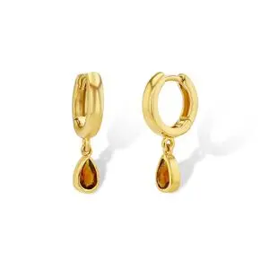 JEWELBIRD Gold / Orange Madeira Citrine Pear Drop Huggies - Gold/orange