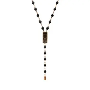 KARMA AND LUCK Onyx Rosary Necklace With Hamsa Hand Symbol - Black