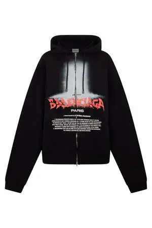 Balenciaga Cotton Zip-up Hoodie With Contrast Graphic Print - Black