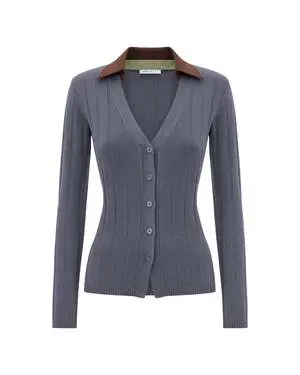 Patrizia Pepe Fitted Ribbed Knit Cardigan With Contrast Collar - Bluish Grey/brown
