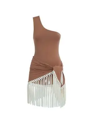 TALLER MARMO One-shoulder Swimsuit And Fringe-trimmed Beach Cover-up Set - Beige