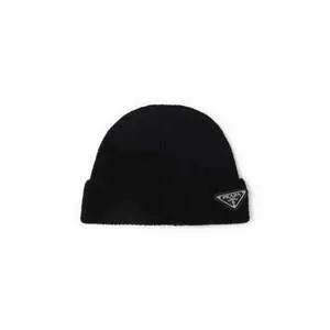 Prada Ribbed Wool And Cashmere Beanie With Triangle Logo - Black