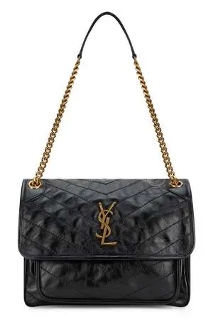 Saint Laurent Medium Quilted Leather Flap Shoulder Bag With Gold Tone Logo - Black