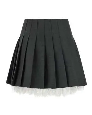 SELF-PORTRAIT Pleated Mini Skirt With Lace Hem - Wool - Grey