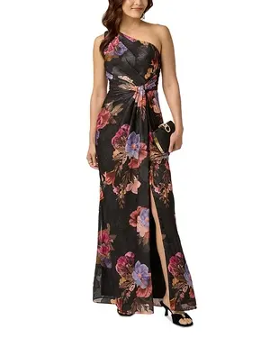 Adrianna Papell One Shoulder Floral Print Chiffon Gown - Black Multi