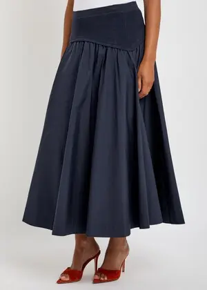 Simkhai Ovie Knit-waist Cotton-poplin Midi Skirt - Navy