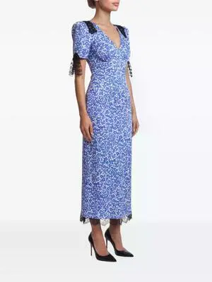 POST MERIDIEM Floral Print Lace Trim Midi Dress