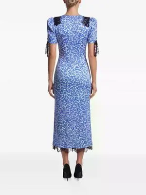 POST MERIDIEM Floral Print Lace Trim Midi Dress