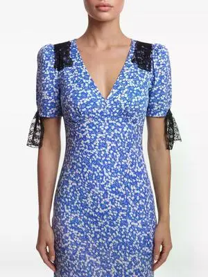 POST MERIDIEM Floral Print Lace Trim Midi Dress