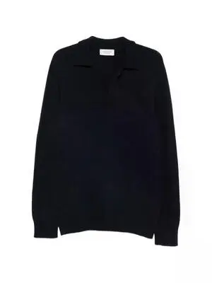 LANEUS Ribbed Knit Long Sleeve Polo Sweater - Blue