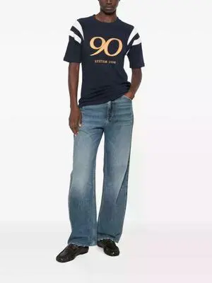 SYSTEM Logo-print Striped-sleeve T-shirt - Blue