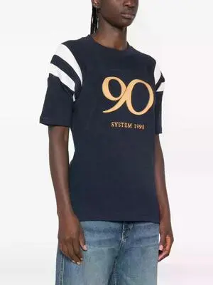 SYSTEM Logo-print Striped-sleeve T-shirt