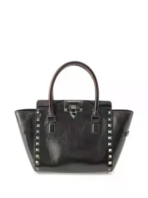 Valentino Garavani Small Crinkled Calfskin Rockstud Double Handle Tote Satchel - Black