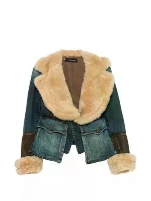 Dsquared2 Washed Denim Contrast Paneled Fur Trimmed Jacket