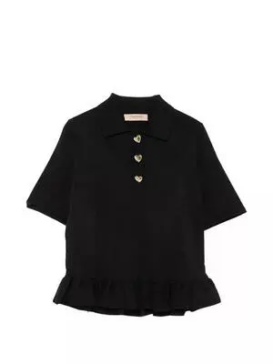 TWINSET Ruffle-trim Heart-button Polo Shirt - Black